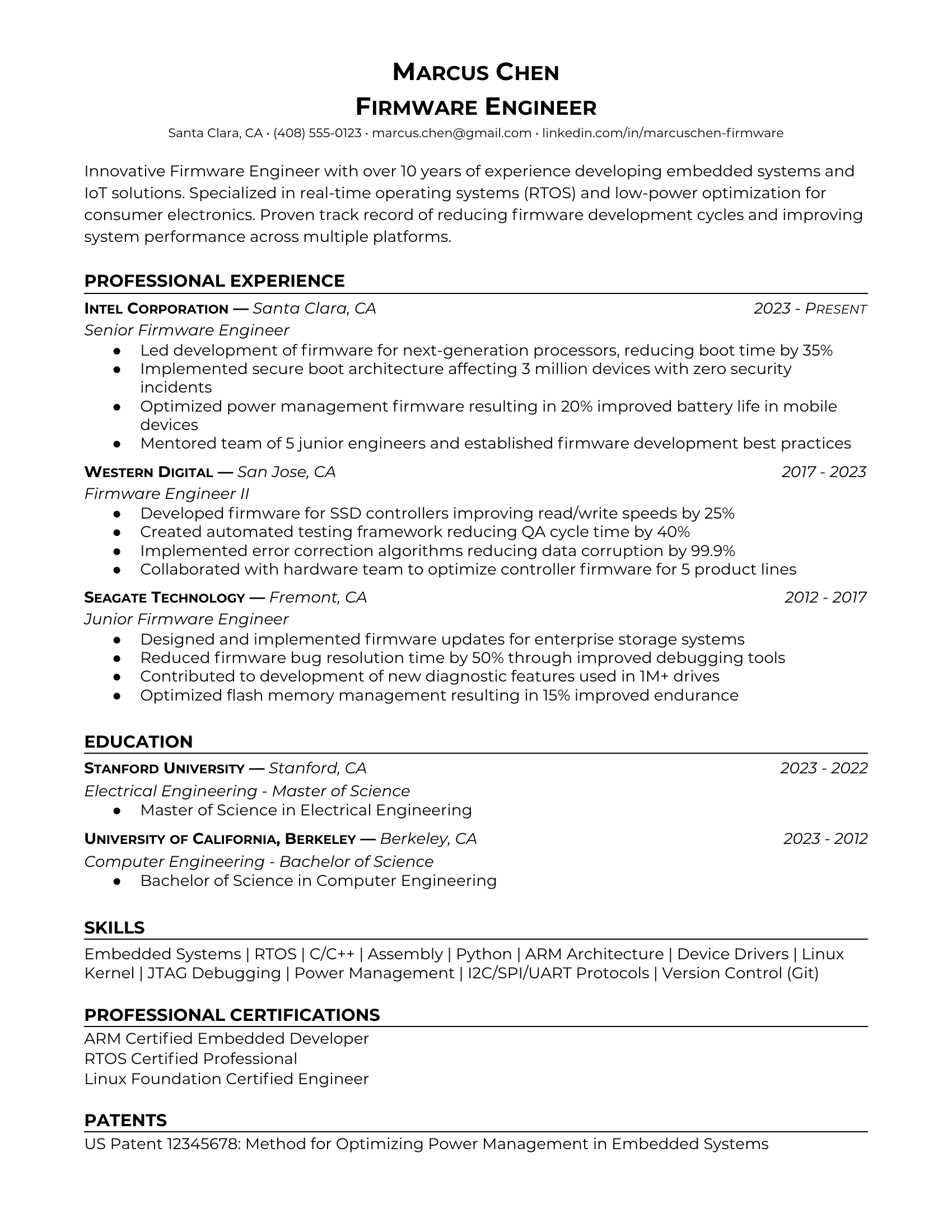 Firmware Engineer in Technology Resume Examples & Tips for 2025 | Careerday